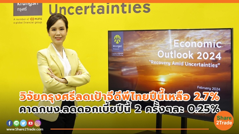 วิจัยกรุงศรีลดเป้าจีดีพีไทยปีนี้เหลือ 2 7 คาดกนง ลดดอกเบี้ยปีนี้ 2